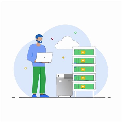 Premium Vector A Man Is Standing In Front Of A Computer And Has A Man On His Laptop