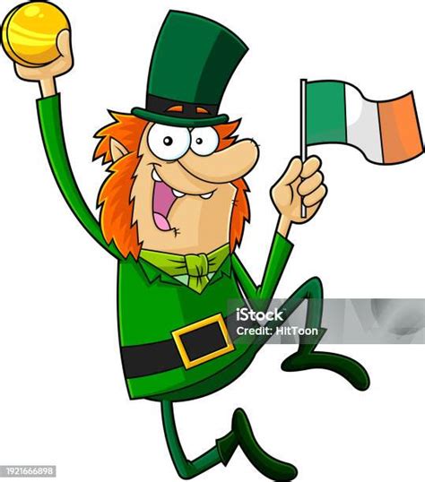 행운의 Leprechaun 만화 캐릭터 황금 동전과 아일랜드 국기로 점프 St Patricks Day에 대한 스톡 벡터 아트 및 기타 이미지 St Patricks