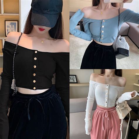 003 Sexy Women Slim Crop Top Button Long Sleeve Slash Neck Short Tee