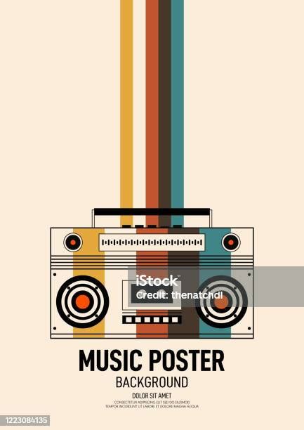 복고풍 휴대용 붐 박스 개요와 음악 포스터 디자인 템플릿 배경 장식 포스터에 대한 스톡 벡터 아트 및 기타 이미지 포스터 대형 휴대용 카세트 라디오 고풍스런 Istock