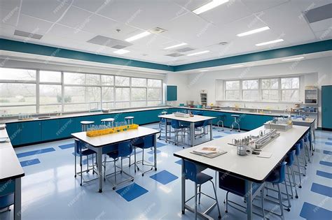 Premium Photo Efficient School Lab Setup Neat Rows Of Tables And Stools In A Spacious Environment
