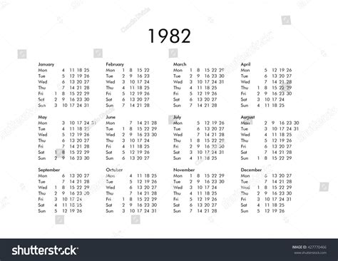 Vintage Calendar Year 1982 All Months Stock Illustration 427770466