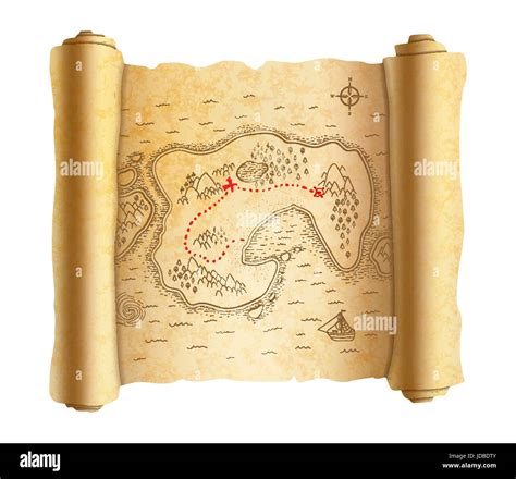 Realistic Ancient Pirate Map Of Island On Old Scroll With Red Path To Realistic Ancient Pirate Map Of Island On Old Scroll With Red Path To