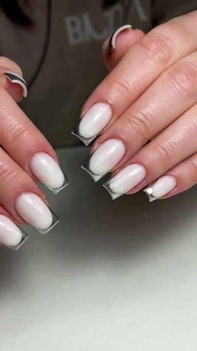 Milky White Nails With A Thin Silver Chrome French Tip Short Aiart