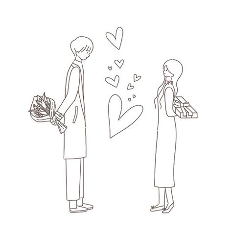 유토이미지 꽃다발과 선물을 서로에게 주는 사랑스러운 커플 캐릭터 라인 일러스트