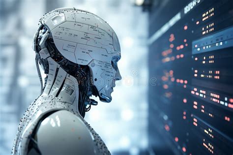 Cyborg Android Robot Working With Laptop Control Panel System Network