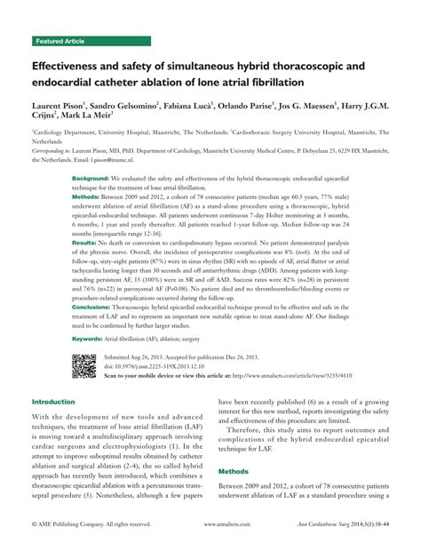 Pdf Effectiveness And Safety Of Simultaneous Hybrid Thoracoscopic And Endocardial Catheter