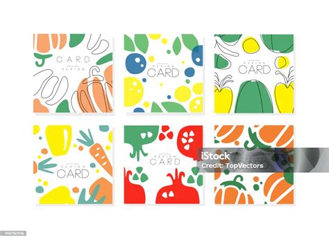 추상 야채와 과일 카드 디자인 세트입니다 배너 포스터 표지 후추 석류 당근 호박 만화 벡터 일러스트 레이 션 배경 로고에 대한 스톡 벡터 아트 및 기타 이미지 Istock