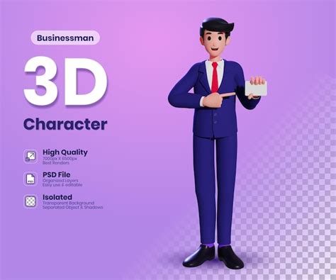 신용 직불 카드 및 Atm 카드를 들고 표시하고 손가락 3d 그림을 가리키는 사업가 프리미엄 Psd 파일