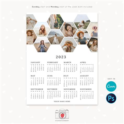 2023 Photo Calendar Template With Honeycomb Photo Collage Strawberry Kit