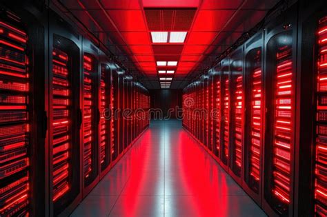 Advanced Server Room With Illuminated Red Lighting And Rows Of Equipment In A Modern Data Center