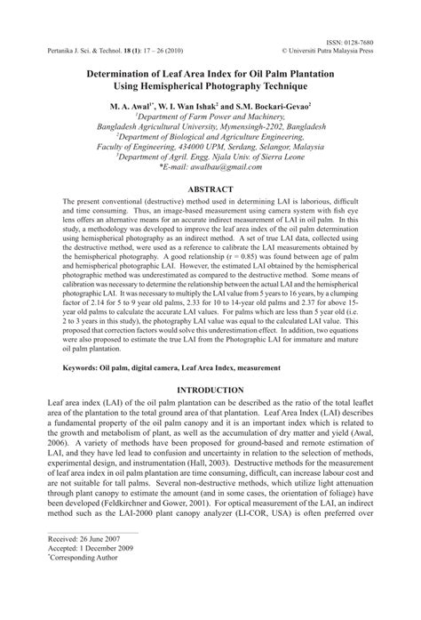 Pdf Determination Of Leaf Area Index For Oil Palm Plantation Using Hemispherical Photography