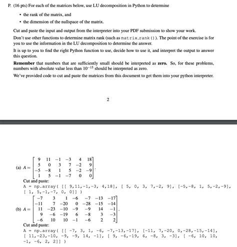 Solved P 16 Pts For Each Of The Matrices Below Use Lu