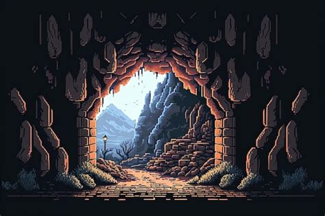 Premium Ai Image Pixel Art Cave Entrance Natural Tunnel Landscape In Retro Style For 8 Bit Game Ai
