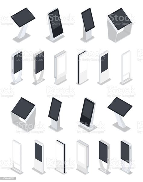 아이소메트릭 인터랙티브 정보 키오스크 세트 광고 디스플레이 터미널 스탠드 등측투영법에 대한 스톡 벡터 아트 및 기타 이미지