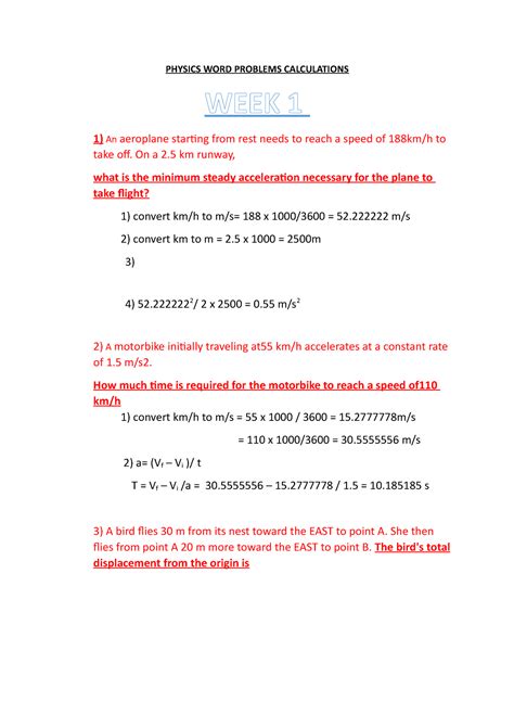 Physics Word Problems Calculations Physics Word Problems Calculations Week 1 1 An Aeroplane