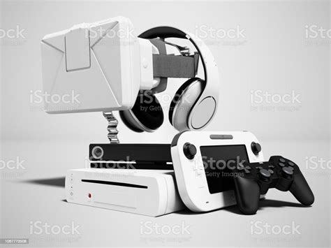 게임의 설정 콘솔 헤드폰 및 그림자와 회색 배경에 서 3d 렌더링에 가상 현실 안경와 재생을 위한 휴대용 콘솔 카메라 게임패드에