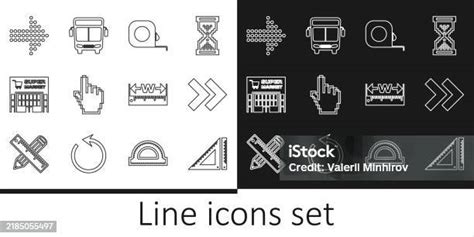 선 삼각형 눈금자 화살표 룰렛 구성 픽셀 손 커서 슈퍼마켓 건물 점 화살표 높이 길이 측정 및 버스 아이콘 설정 벡터 개념에 대한 스톡 벡터 아트 및 기타 이미지 Istock