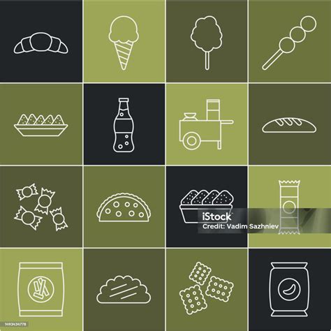 세트 라인 가방 또는 패킷 감자 칩 초콜릿 바 빵 덩어리 솜사탕 물 한 병 접시에 담긴 나초 크로와상 및 패스트 스트리트 푸드