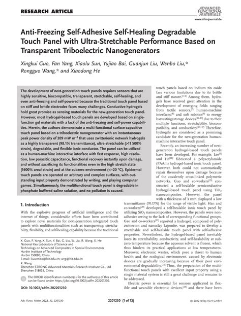 Anti‐freezing Self‐adhesive Self‐healing Degradable Touch Panel With
