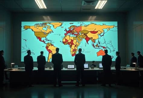 Strategic Planning Session In Command Center With World Map Display