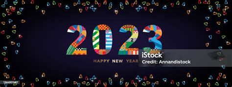 2023년 새해 복 많은 새해 전구 프레임이 짙은 파란색 배경에 벡터 배너는 인사말 레터링 전단지 포스터 배너 브로셔 및 달력을 위한 크리에이티브 디자인을 배경으로 합니다