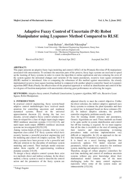 Pdf Adaptive Fuzzy Control Of Uncertain P R Robot Manipulator Using Lyapunov Method Compared