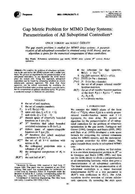 Pdf Gap Metric Problem For Mimo Delay Systems Parametrization Of All