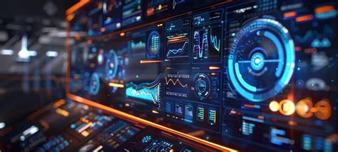 hightech digital interface with holographic displays showing data