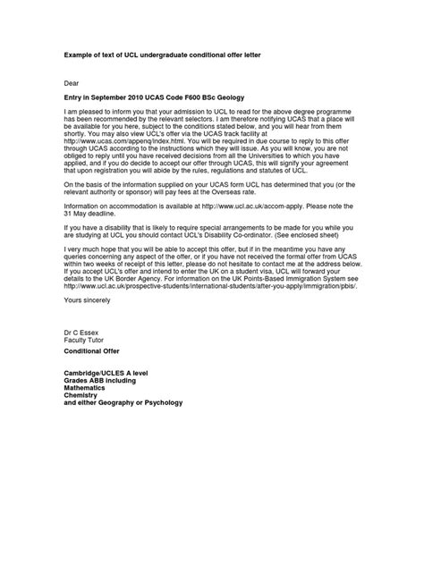 Conditional Unconditional Offer Letter Pdf University College London University And