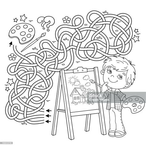 미로 또는 미로 게임 수수께끼 얽힌 도로 브러쉬와 페인트 만화 소년의 색칠 페이지 개요 이젤을 가진 작은 예술가 아이들을위한 색칠 공부책 교육에 대한 스톡 벡터 아트 및