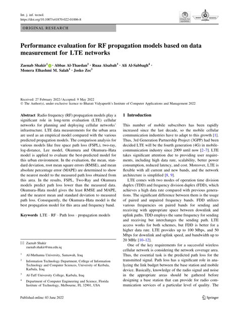 Pdf Performance Evaluation For Rf Propagation Models Based On Data Measurement For Lte Networks