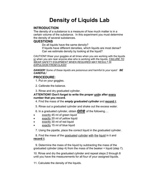 Density Of Liquids Lab