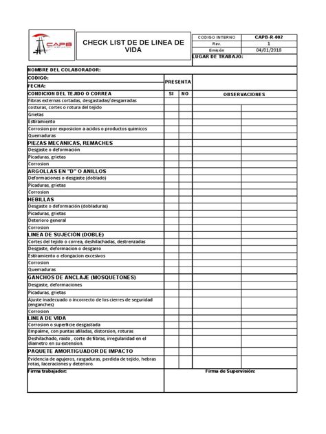 Check List De Linea De Vida Pdf
