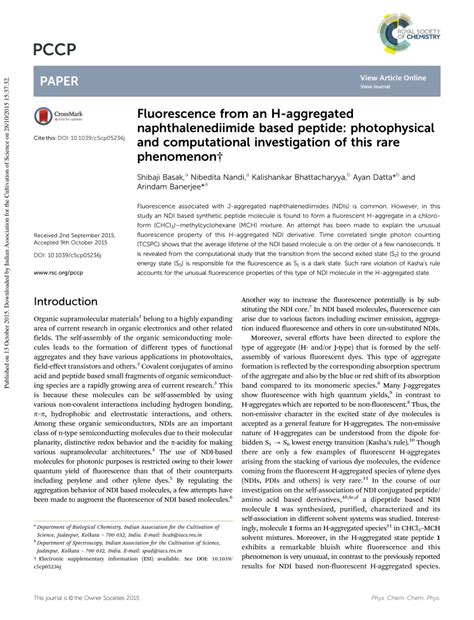 Pdf Fluorescence From An H Aggregated Naphthalenediimide Based Peptide Photophysical And