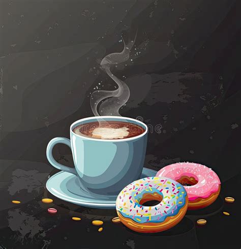 Coffee Break Bliss A Cup Of Coffee And Donuts On A Dark Backdrop Illustration Stock