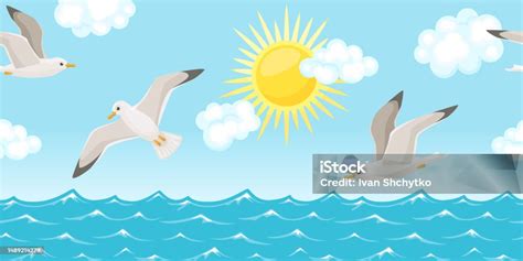 푸른 하늘 태양 흰 구름을 배경으로 바다 위를 날아다니는 갈매기 바다 풍경이 있는 배너 벡터 만화 그림입니다 여행과 휴가 개념 바다에 대한 스톡 벡터 아트 및 기타 이미지