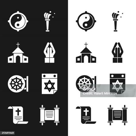 기도 위치 교회 건물 음양 아스페르길룸 법륜 유대 달력 법령 종이 양피지 두루마리 및 아이콘에 손을 놓습니다 벡터 건축하기에 대한 스톡 벡터 아트 및 기타 이미지 Istock