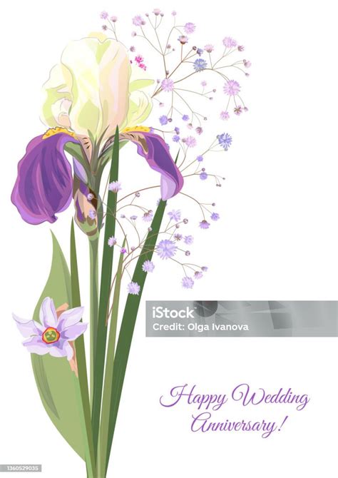 결혼 기념일을위한 수직 카드 아이리스 수선화 석고 파란색 보라색 꽃 흰색 배경 디자인 템플릿 수채화 스타일의 빈티지 식물 학적 일러스트 벡터 0명에 대한 스톡 벡터 아트 및