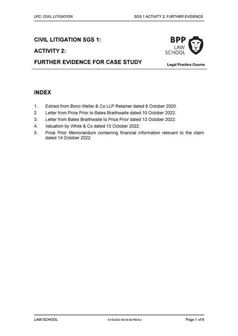 Civil Litigation Sgs 1 Activity 2 Further Evidence Lpc Civil Litigation Sgs 1 Activity 2