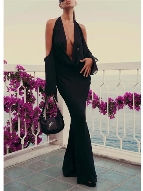 여성용 홀터 롱 드레스 섹시한 스윙 칼라 오프 숄더 긴 소매 하이 웨이스트 파티 클럽웨어 레이디 솔리드 우아한 이브닝 가운 Aliexpress