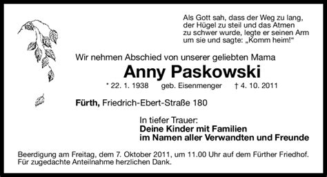 Traueranzeigen Von Anny Paskowski Trauernnde