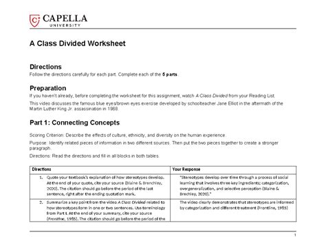 Cf A Class Divided Worksheet A Class Divided Worksheet Directions
