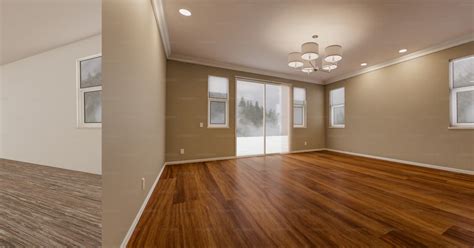 완성된 나무 바닥 몰딩 페인트 및 천장 조명이 있는 미완성 원시 및 새로 리모델링된 집의 방 전후 사진 Unsplash의 주거용 건물 이미지