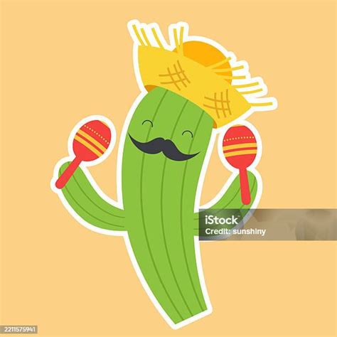 빨간 마라카스가 달린 모자를 쓴 선인장 플랫 스타일의 벡터 그림 축제 휴일 배너 포스터 전단지 인사말 카드 6월에 대한 스톡 벡터 아트 및 기타 이미지 Istock