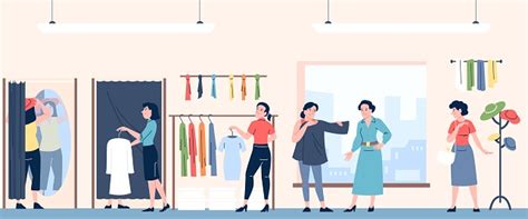 부티크에 있는 사람들 옷 가게에서 여성 캐릭터를 선택하고 액세서리를 선택하고 피팅 룸에서 드레스와 모자를 시도하십시오 여자와 의류 최근 벡터 장면 가방에 대한 스톡 벡터