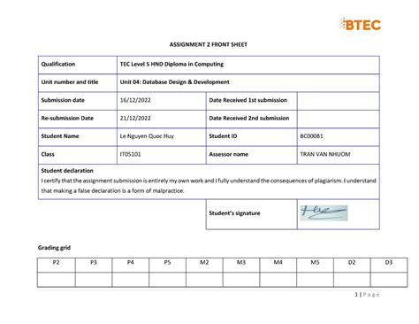 Assignment 2 Bc00081 Thực Hành Database Assignment 2 Front Sheet