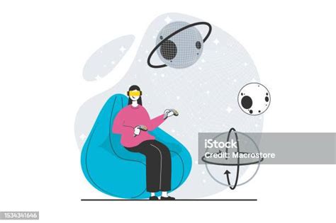웹을 위한 플랫 디자인에 있는 사람들 장면이 있는 가상 현실 개념 Vr 헤드셋을 착용한 여성이 우주 공간과 행성 탐사를 배우고 있다 소셜 미디어 배너 마케팅 자료에 대한