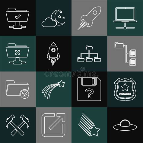 Set Line Ufo Flying Spaceship Police Badge Folder Tree Rocket With Fire Ftp Cancel Operation