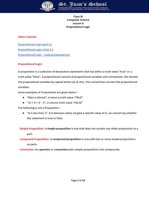 Class Xi Computer Science Lesson 9 Propositional Logic Session 2024 25